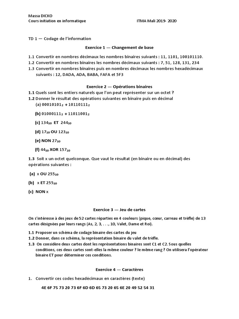 Initiation à l'informatique : Codage et opérations | PDF | Jeux et ...