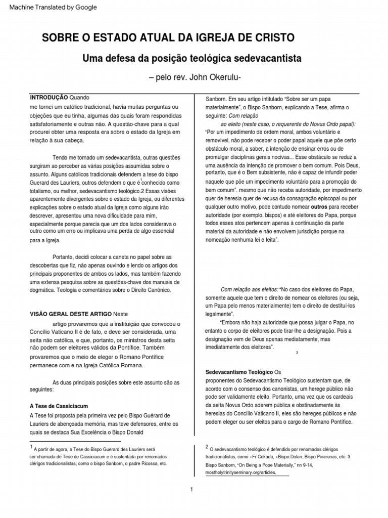 A Defense of The Theological Sedevacantist Position | PDF | Igreja ...