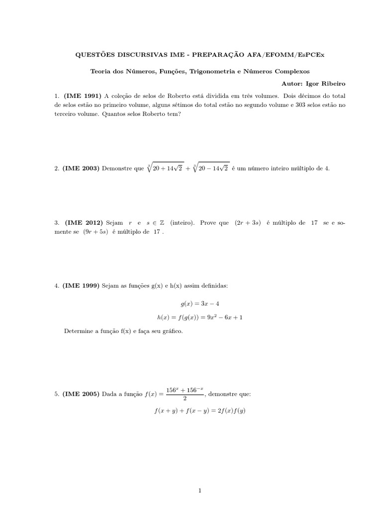 Lista 1 Álgebra e Trigonometria | PDF | Número complexo | Matemática