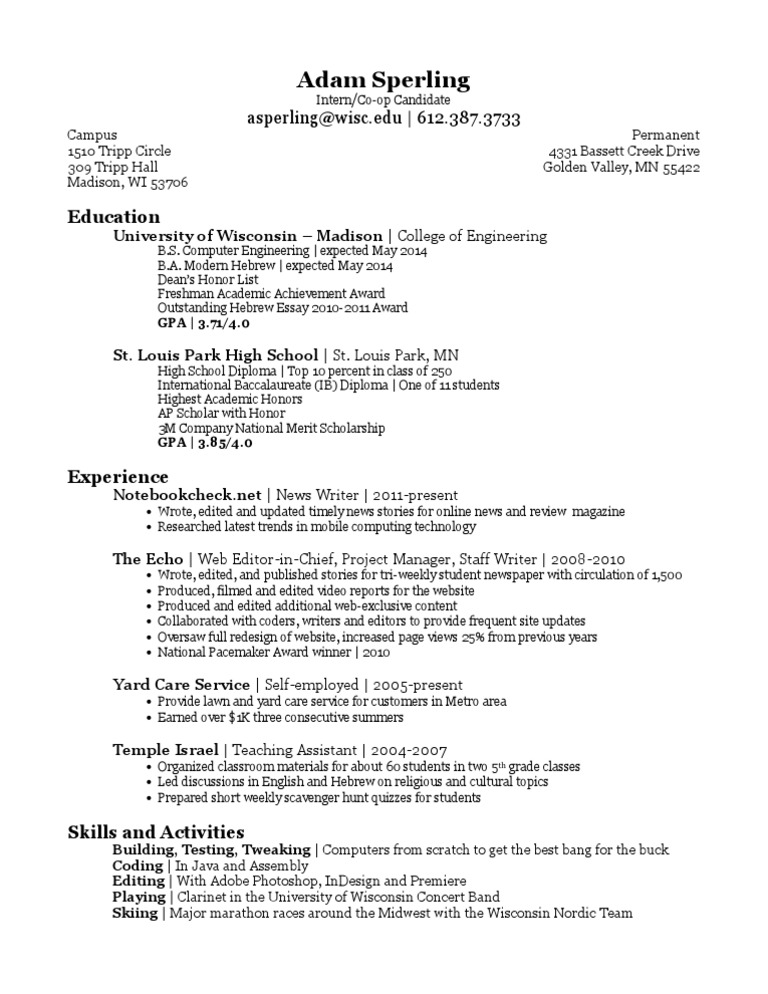 Adam Sperling Resume Fall 2011 | PDF | Career & Growth