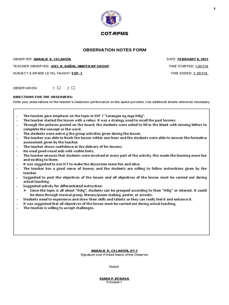 Classroom Observation Notes Example | PDF | Teachers | Differentiated ...