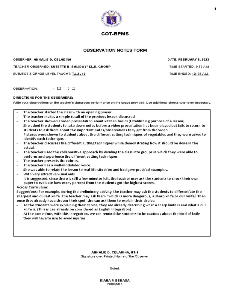 Observation Notes-TLE Group | PDF | Teachers | Education Theory