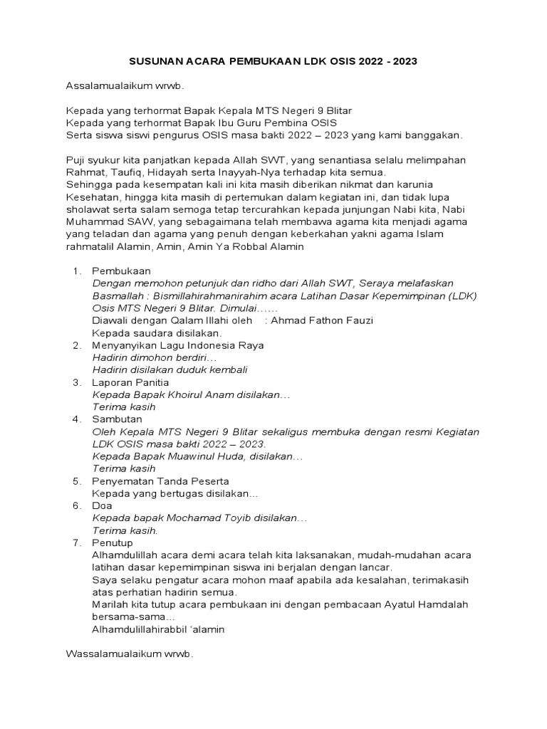 Susunan Acara Pembukaan LDK OSIS 2022 | PDF | Agama & Spiritualitas ...