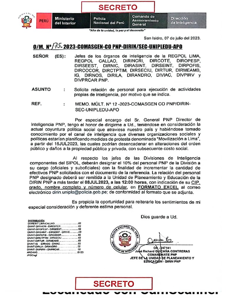 Oficio Mult. 175 Dirin PNP Sipol | PDF