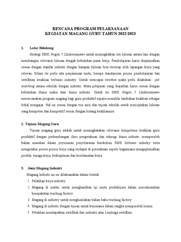 Rencana Magang Guru SMK 2022/2023 | PDF | Bisnis