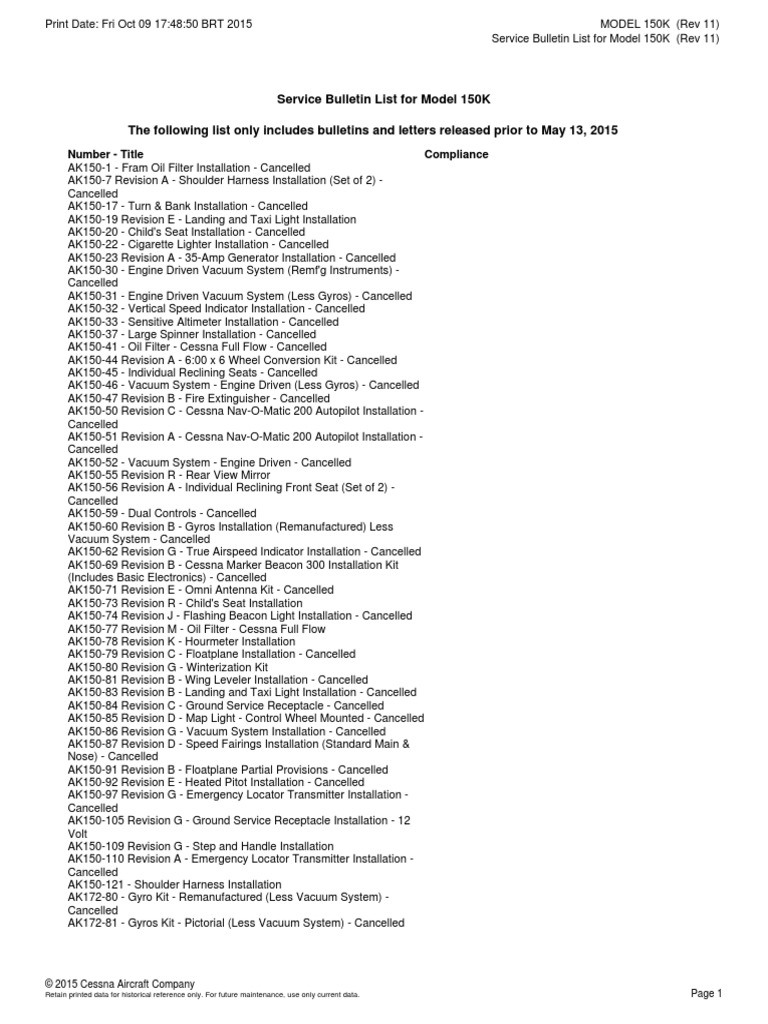 Cessna 150K Service Bulletin List | PDF | Carburetor | Aviation