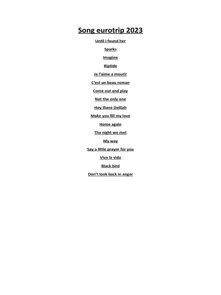 Eurotrip 2023 Song Playlist | PDF | Poetry