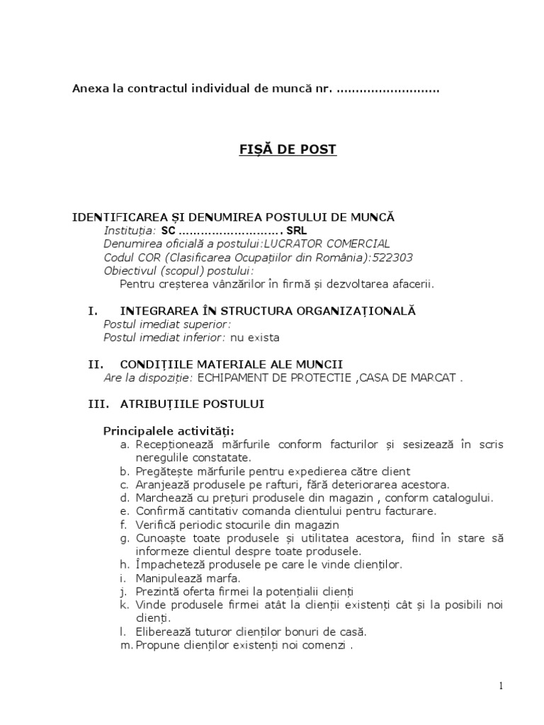 Fisa Post Lucrator Comercial | PDF
