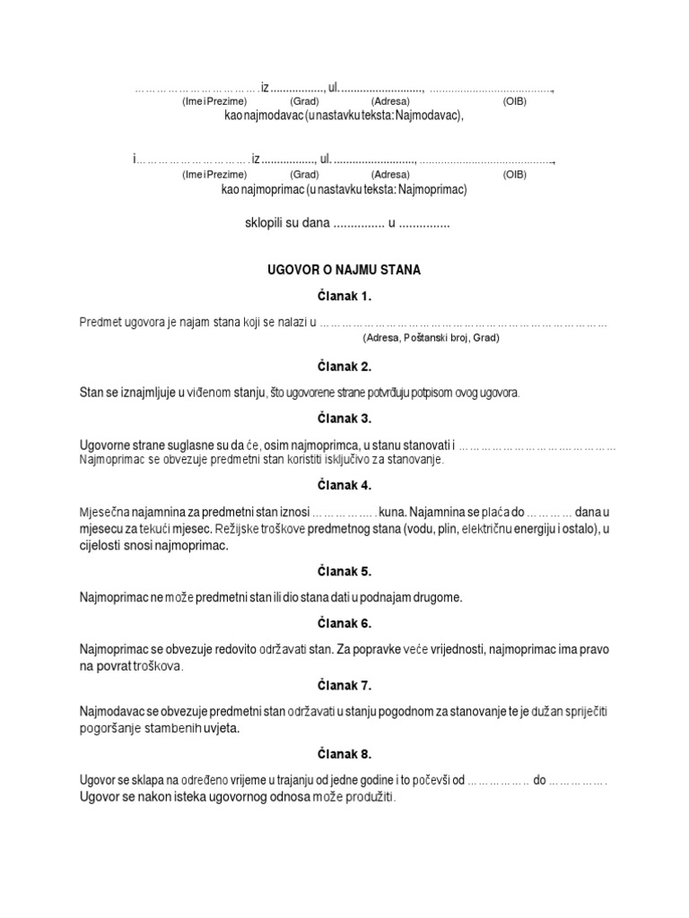 Ugovor o Najmu Stana | PDF
