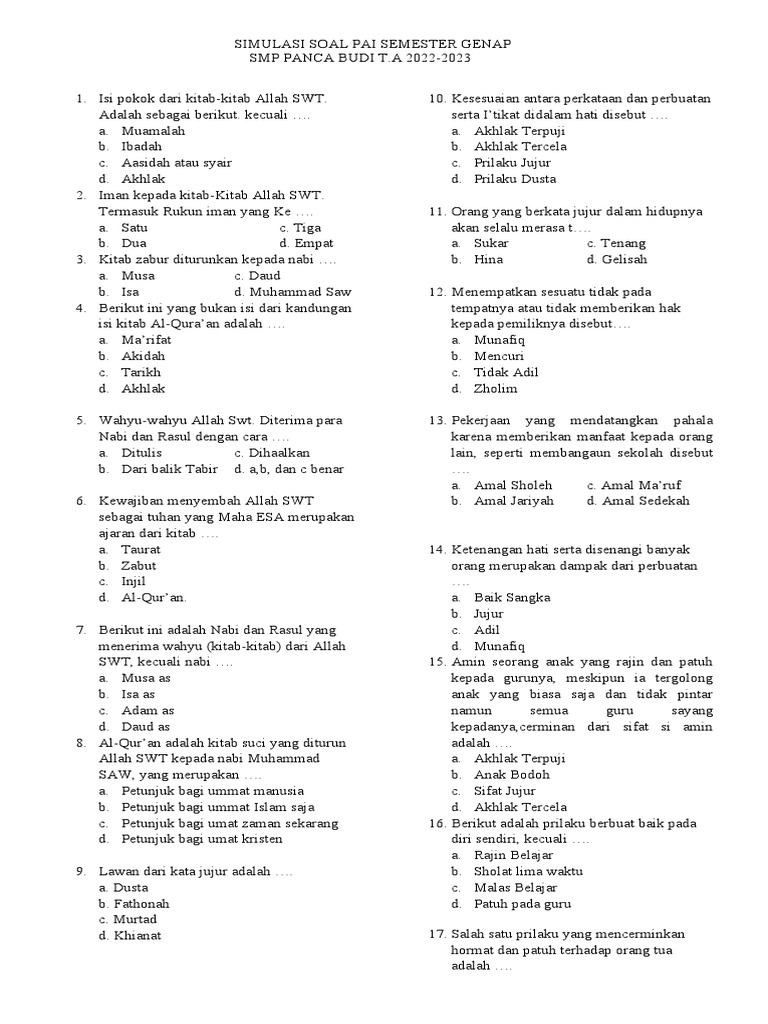 Simulasi Soal PAI Kelas 8 | PDF