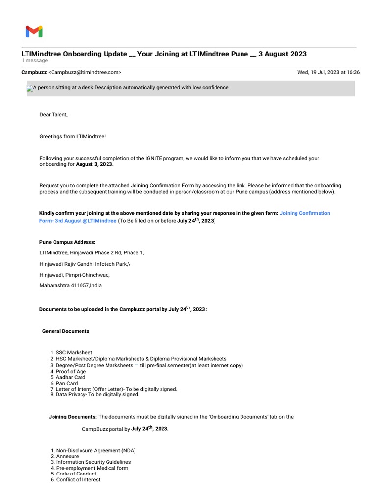 Gmail - LTIMindtree Onboarding Update - Your Joining at LTIMindtree ...
