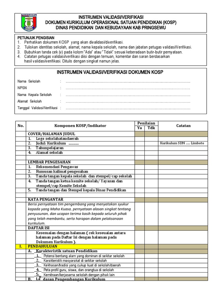 INSTRUMEN Validasi KOSP | PDF
