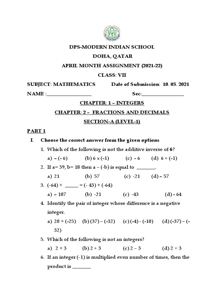Class VII Math Assignment: Integers, Fractions & Decimals | PDF | Integer | Mathematics