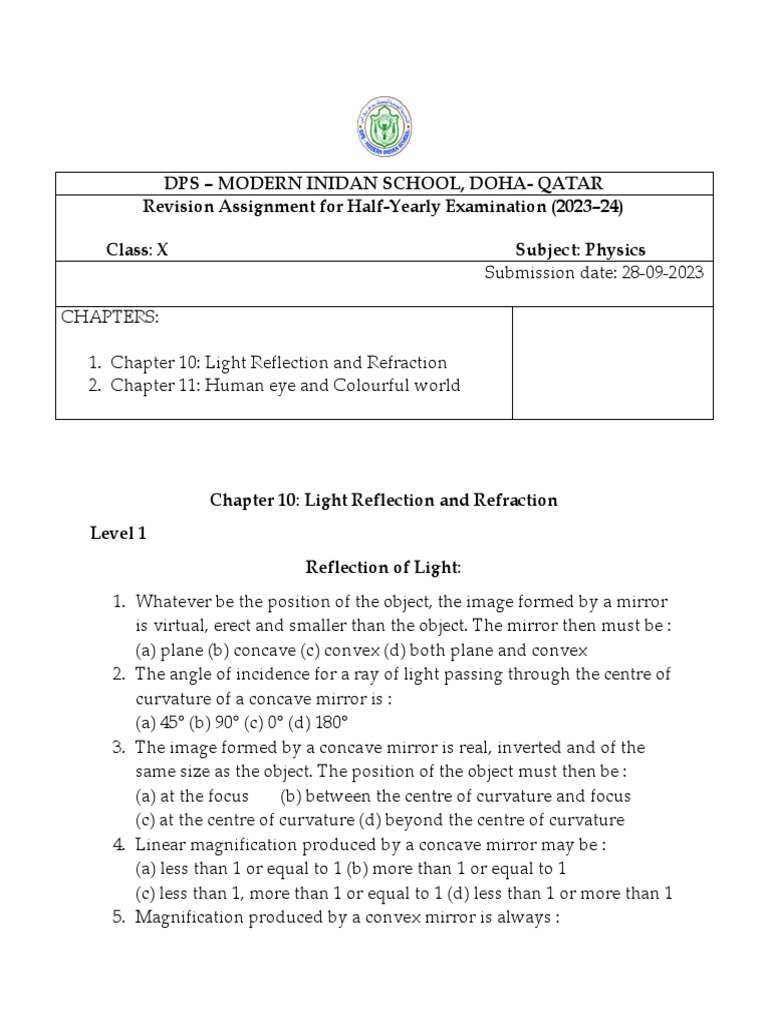 Half Yearly Revision Assignment | PDF | Refraction | Mirror Half Yearly Revision Assignment | PDF | Refraction | Mirror
