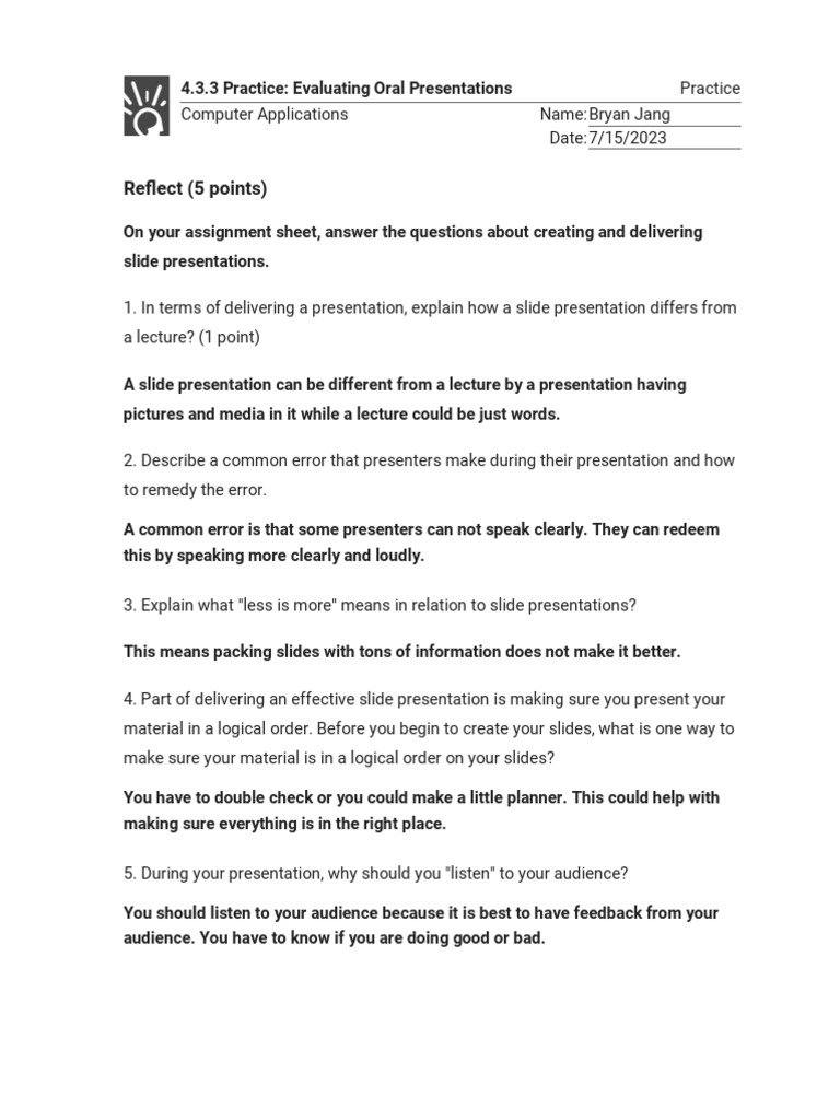 4 3 3 Practice Evaluating Oral Presentations Practice Pdf