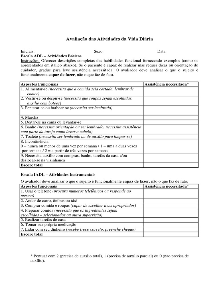 Avaliação de ADL e IADL | PDF