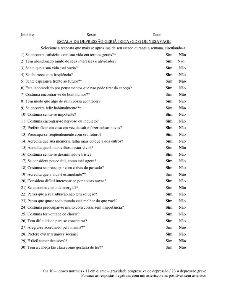 GDS 30 - Escala Geriátrica de Depressão | PDF | Depressão