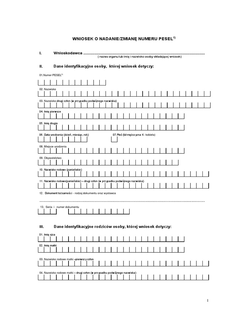 Wniosek o Nadanie Numeru PESEL | PDF