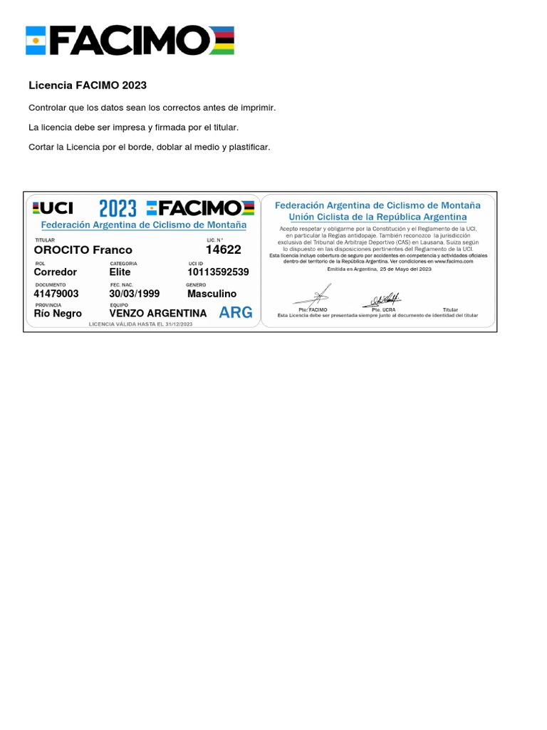 Licencia FACIMO 2023: OROCITO Franco | PDF