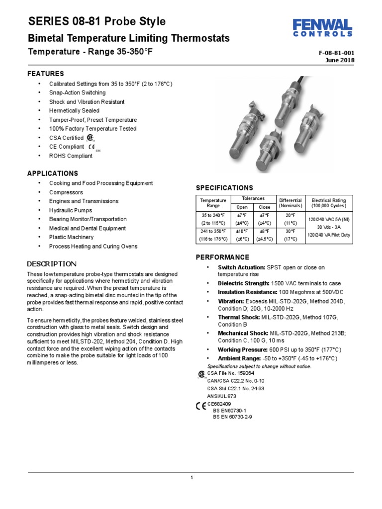 Series 08 81 Probe Style DS - F 08 81 001 | PDF | Thermostat | Switch