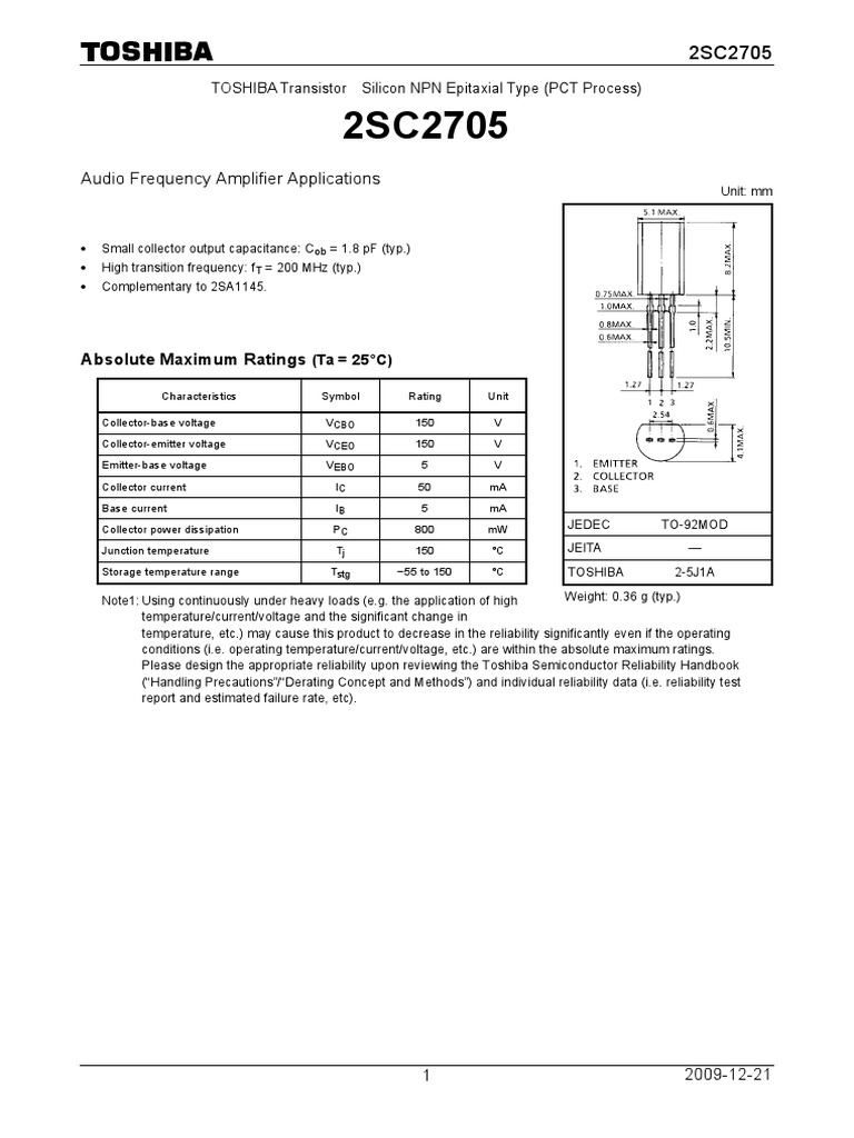 Toshiba - 2SC2705-O (TE6, F, M) - 464345 | PDF | Bipolar Junction Transistor | Reliability ...