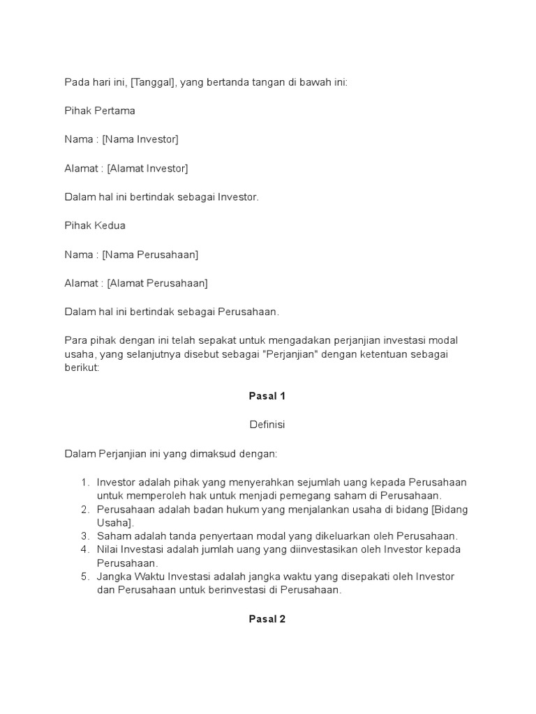 Contoh Surat Perjanjian Investasi Penanaman Modal Pdf