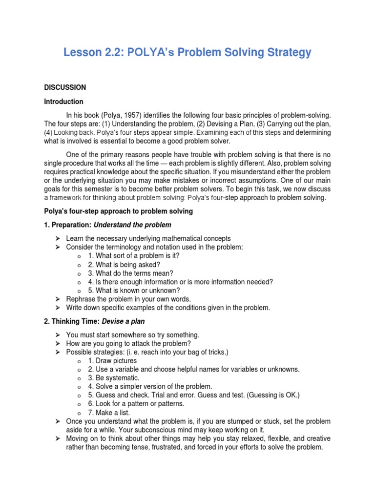Lesson 2.2. POLYA's Problem Solving Strategydocx | PDF | Insight ...