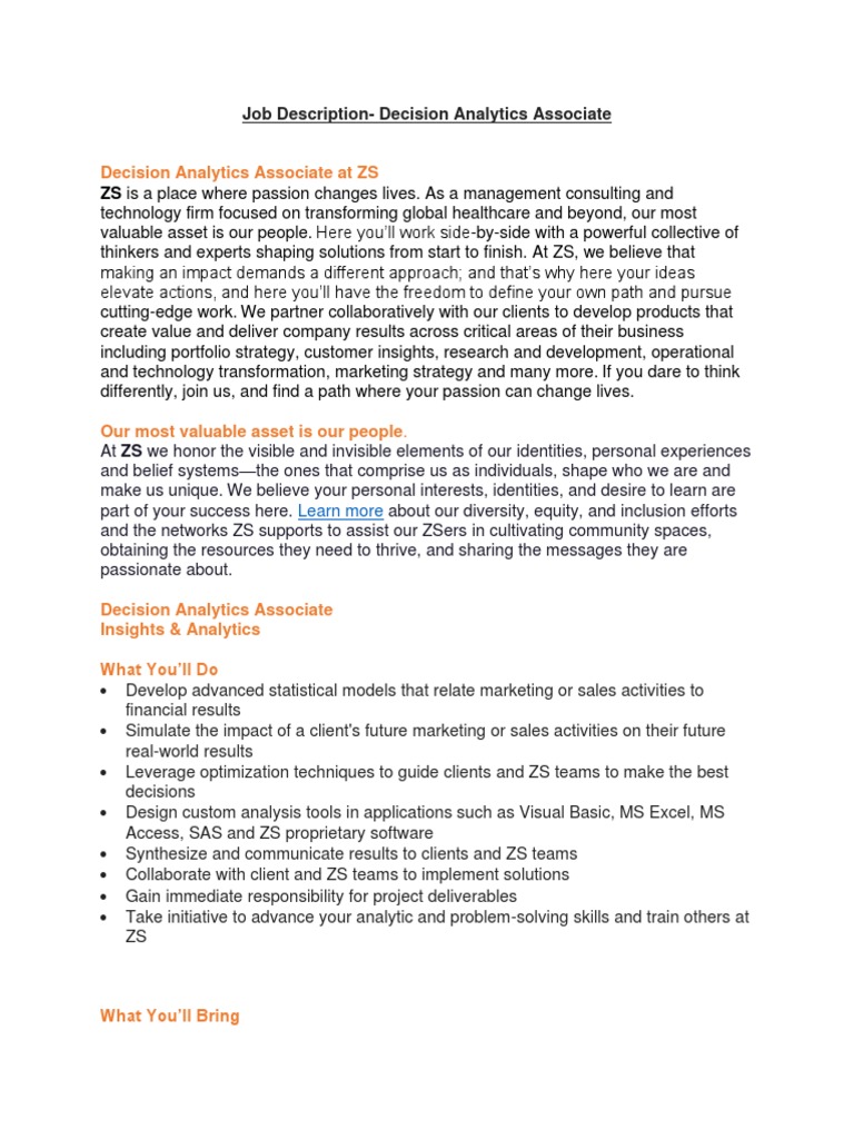 Job Description - Decision Analytics Associate (v.1) | PDF | Analytics ...