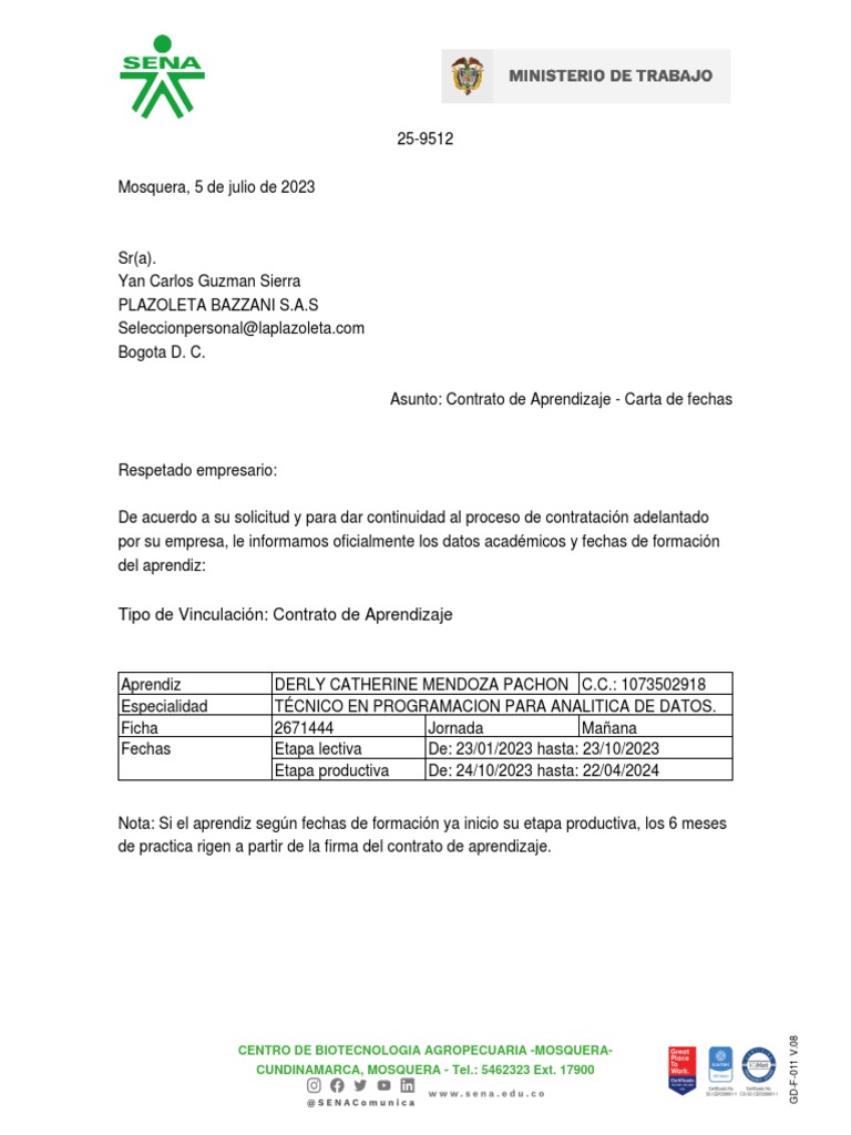 Carta Fechas 1073502918 202375 | PDF | Aprendizaje
