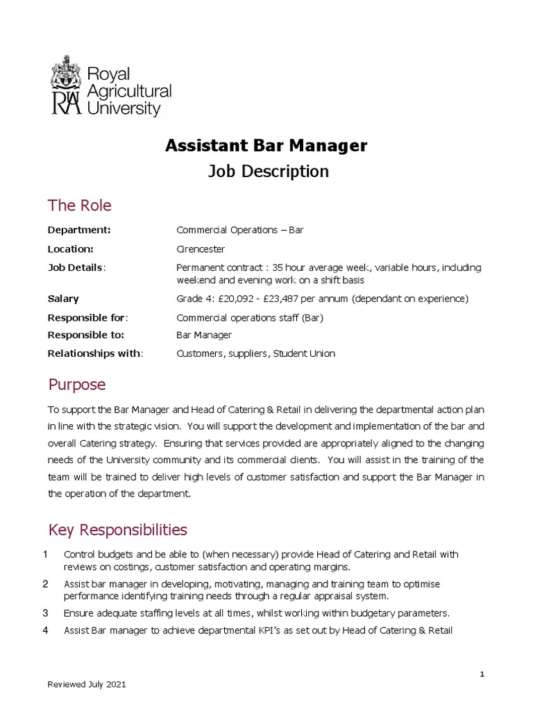 Assistant Bar Manager Job Description Sept 2021 | PDF | Performance ...