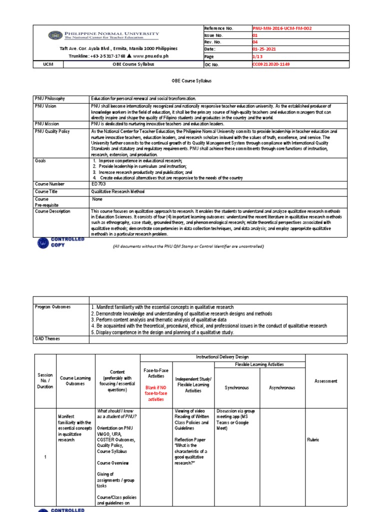 ED 703 OBE Course Syllabus - Peer Reviewed | PDF | Qualitative Research ...