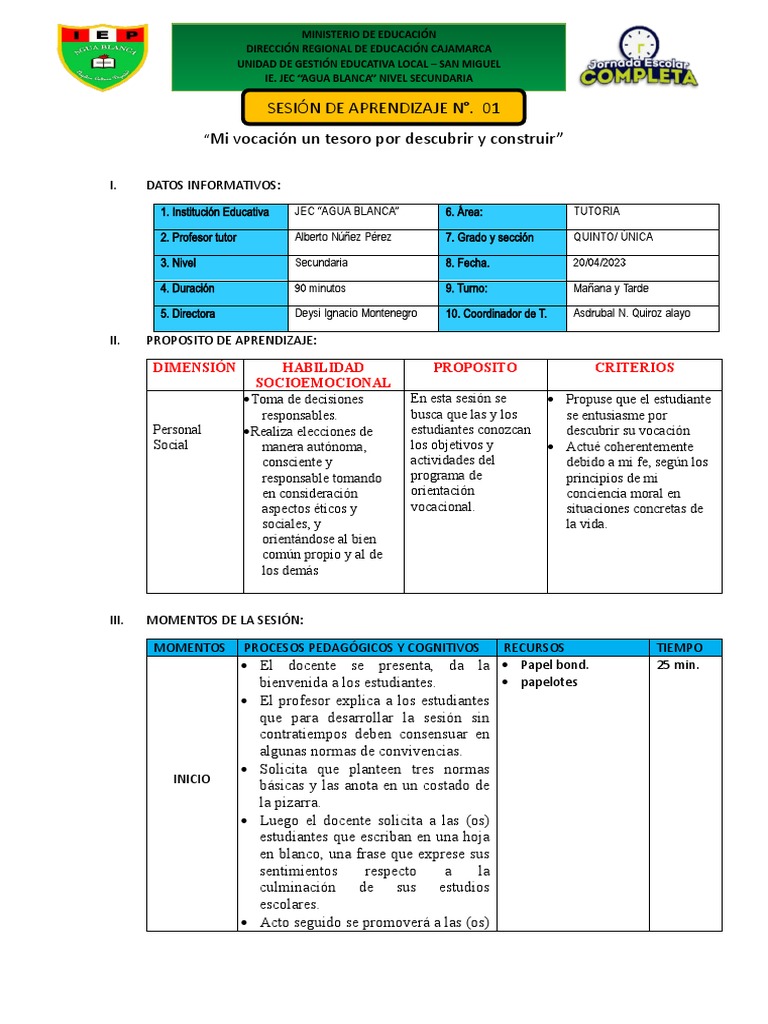 Sesion de Aprendizaje de Tutoria N°. 01 Quinto Ab | PDF | Maestros | Ciencia cognitiva