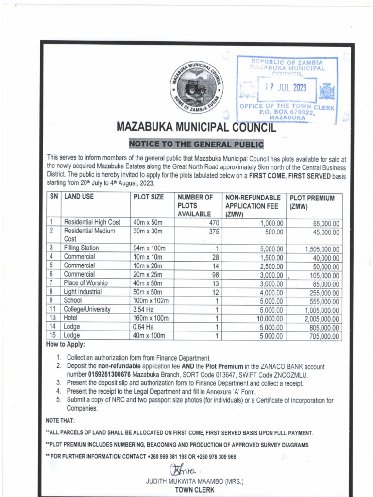 Plots Advert - Mazabuka Municipal Council - Pama | PDF | Business ...