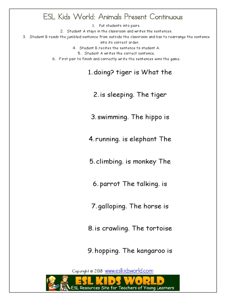 Animals Present Continuous Running Dictation | PDF