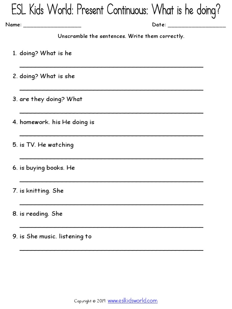 Present Continuous Hobbies Sentence Scramble | PDF