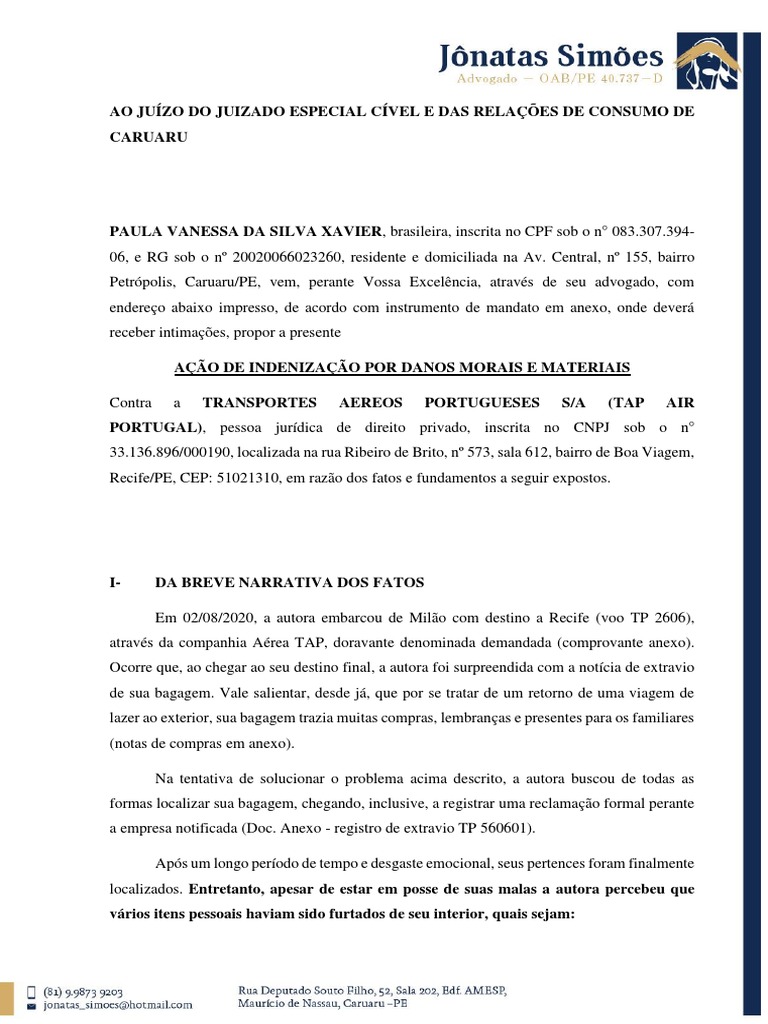 Ação - TAP - DANO MORAL E MATERIAL | PDF | Indenização | Direito Comum