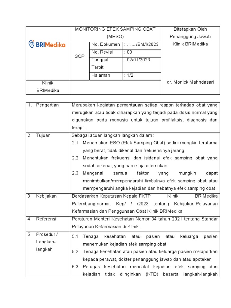 Sop Monitoring Efek Samping Obat | PDF