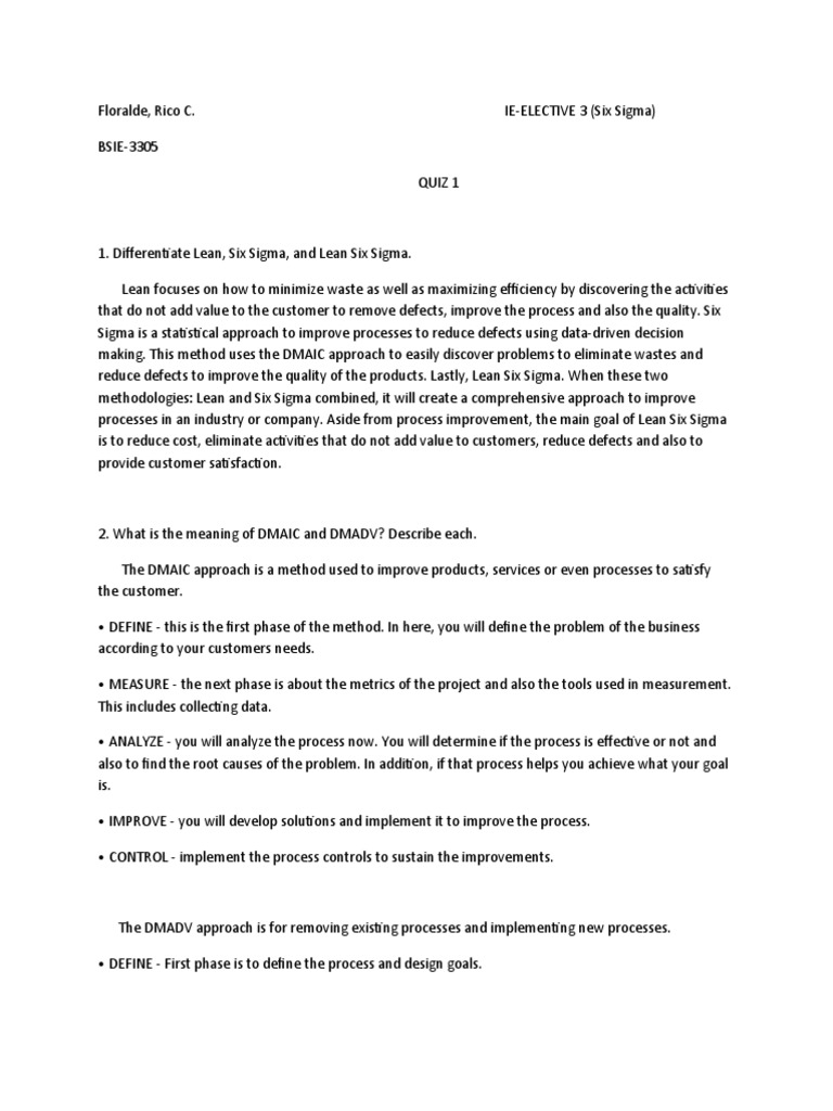 Quiz 1 | PDF | Six Sigma | Business Process