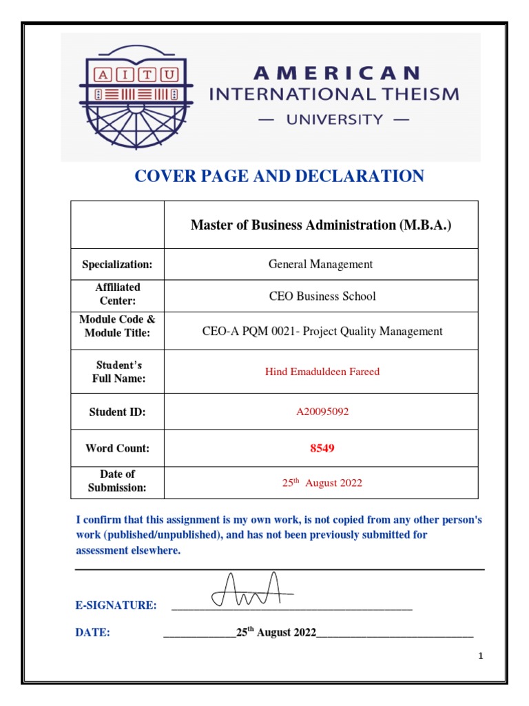 Cover Page and Declaration: Master of Business Administration (M.B.A ...
