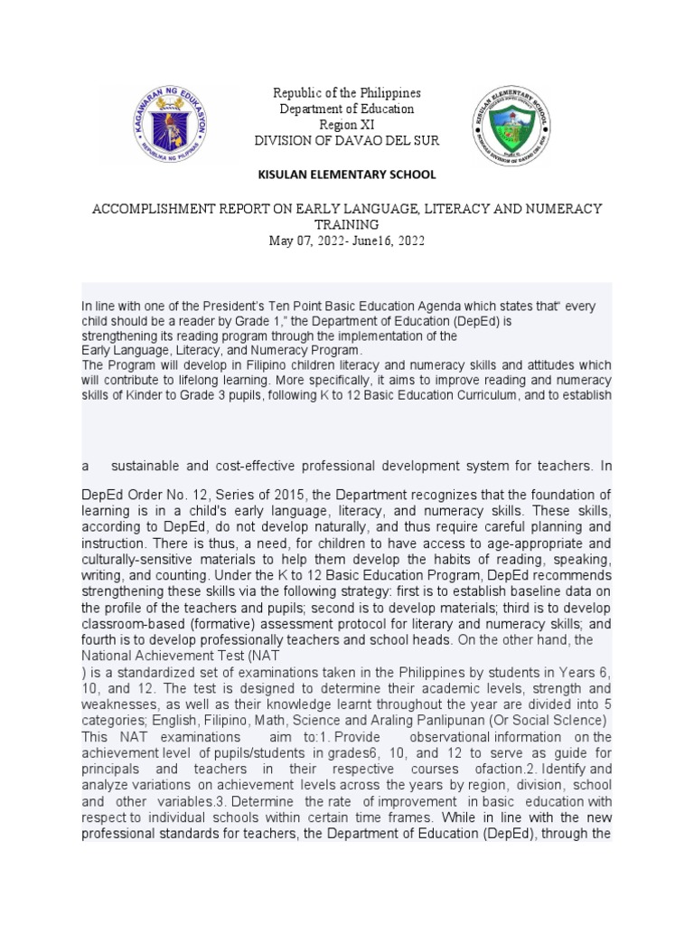 Accomplishment Report: ELLN Training | PDF | Teachers | Literacy