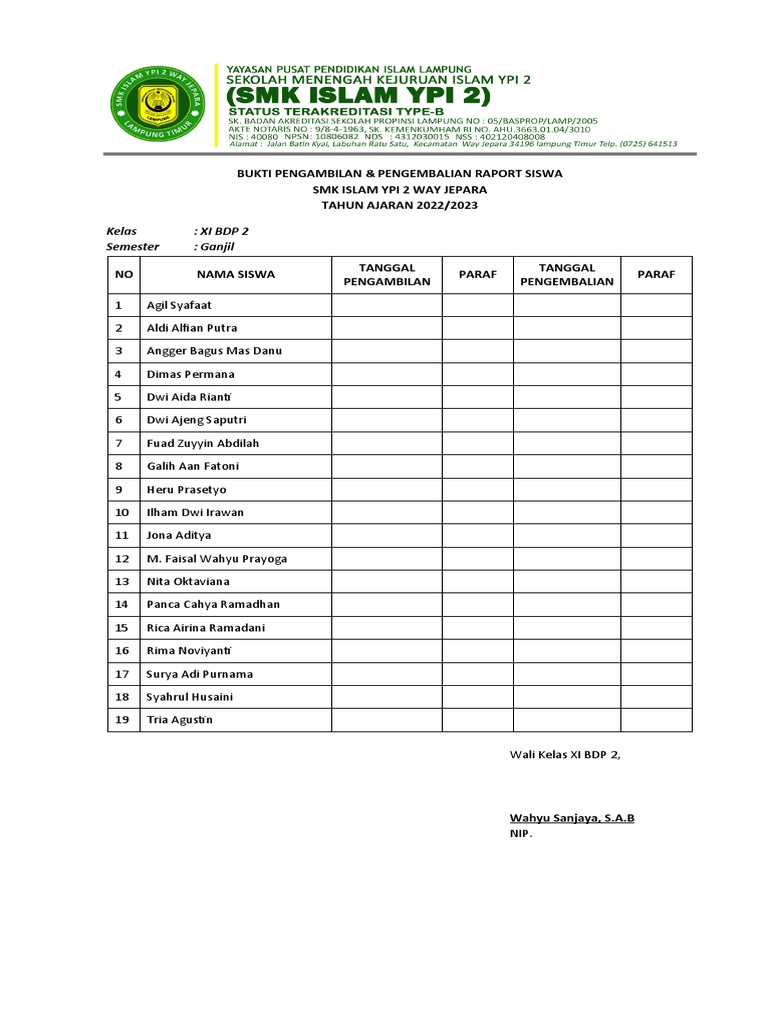 Bukti Pengambilan Raport XI BDP 2 | PDF