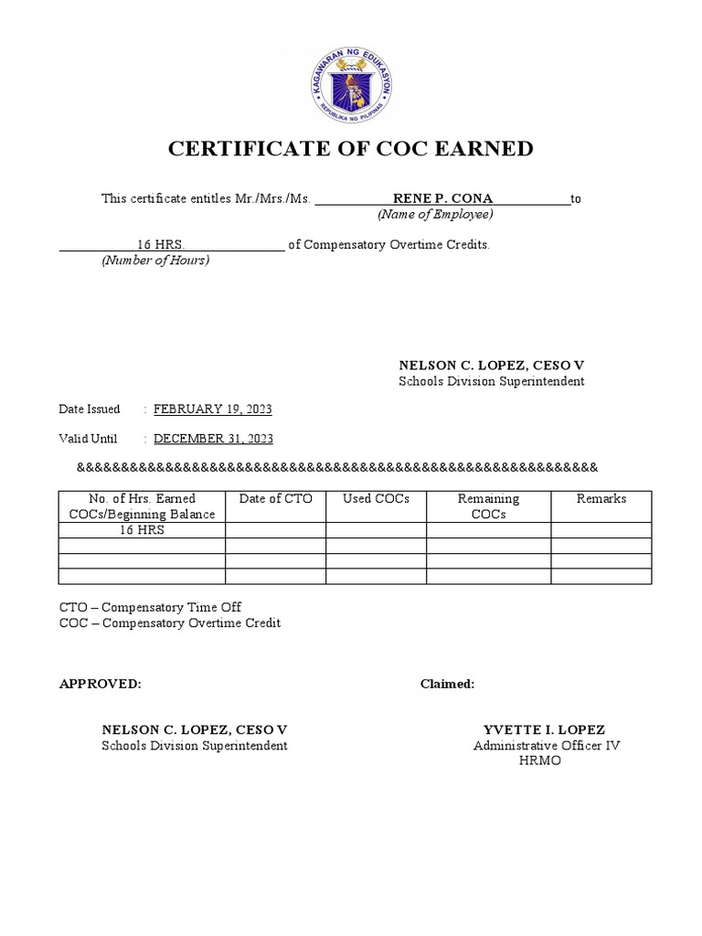 Certificate of Coc Earned | PDF