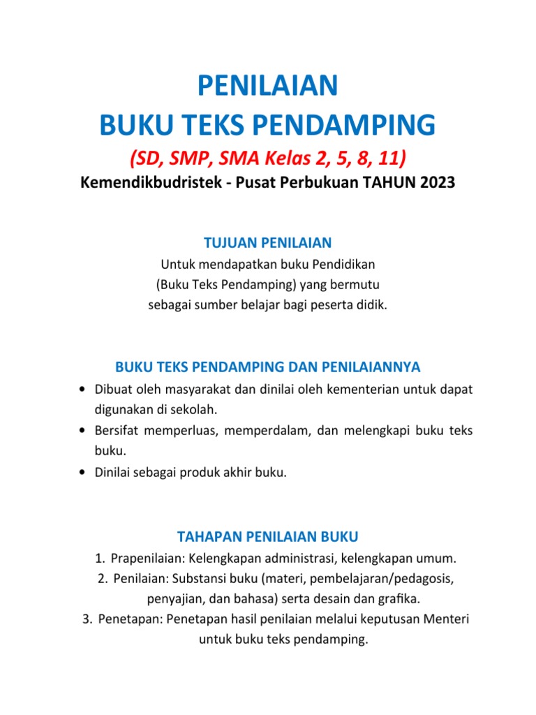 Penilaian Buku Teks Pendamping (BTP) SD, SMP, SMA Tahun 2023 | PDF