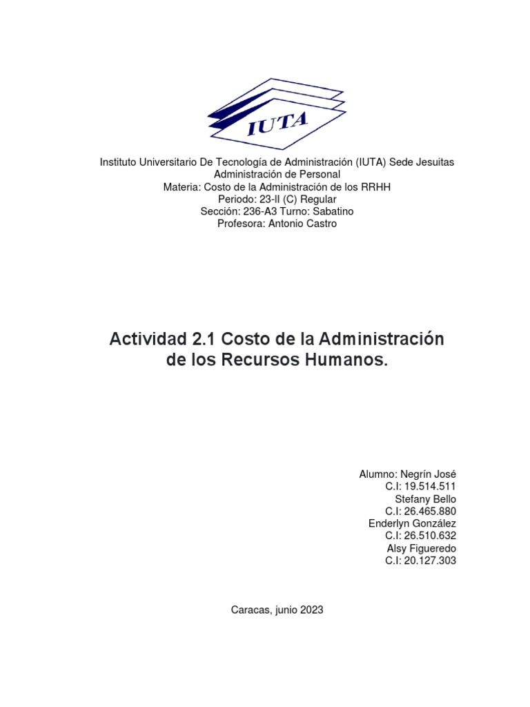Actividad 2.1 Costo de La Administración de Los Recursos Humanos. en Grupo | PDF | Gestión de ...