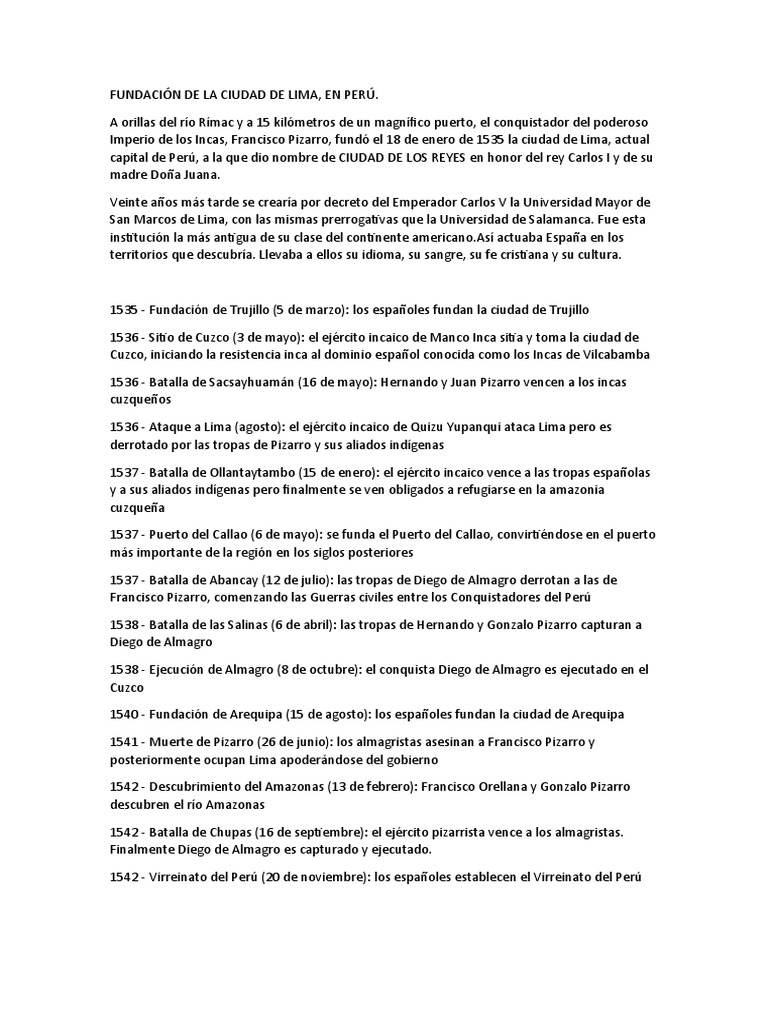 Fundación de La Ciudad de Lima | PDF | Francisco Pizarro | Perú