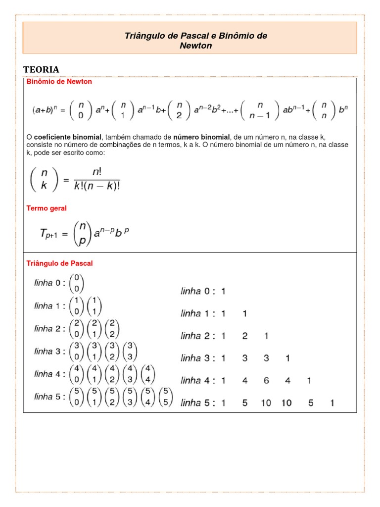 Teoria - Triângulo de Pascal e Binômio de Newton | PDF