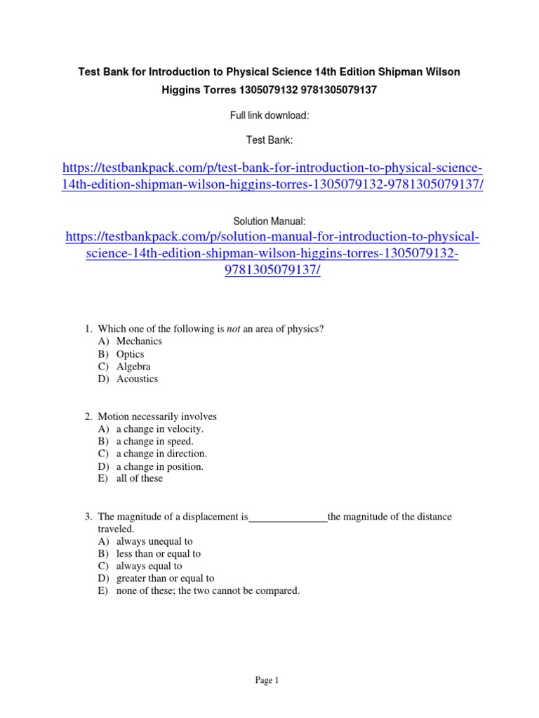 Test Bank For Introduction To Physical Science 14th Edition Shipman ...