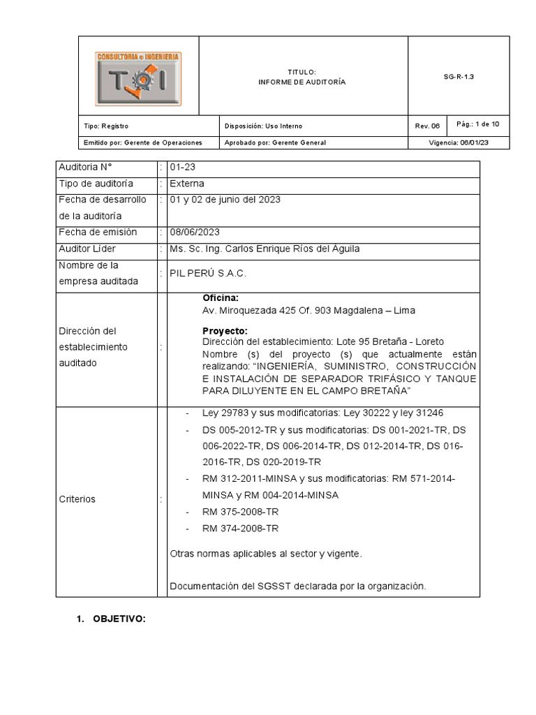 Informe Final de Auditoría - Pil 2023 | PDF | Seguridad y salud ocupacional | Auditoría