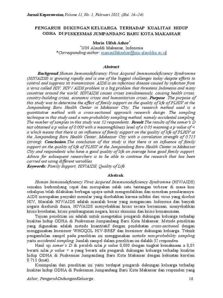 Pengaruh Dukungan Keluarga Terhadap Kualitas Hidup Odha Di Puskesmas Jumpandang Baru Kota ...