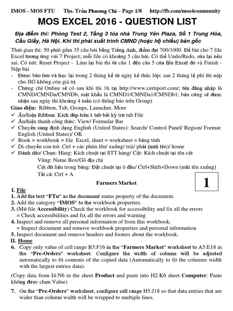 2020 Tổng hợp câu hỏi MOS Excel 2016 | PDF
